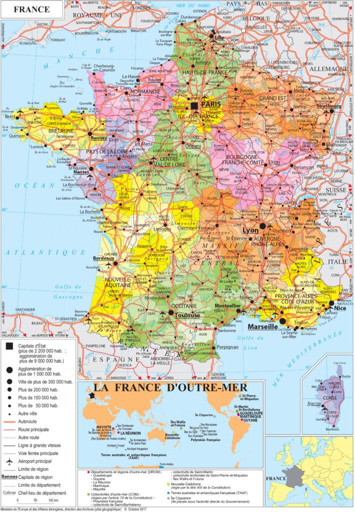 Detailed map of France: regions, departments, cities, and overseas ...
